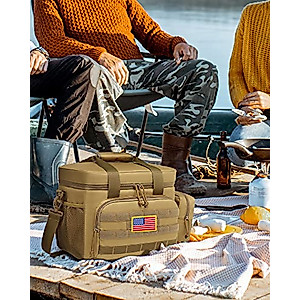 TACTICISM Tactical Lunch Box for Men, 30 Cans Leakproof Lunchbox, Insulated Lunch Bag Adult, Portable Soft Cooler Bag with Detachable MOLLE Pouch for Camping Fishing Beach Picnic Work, Brown
