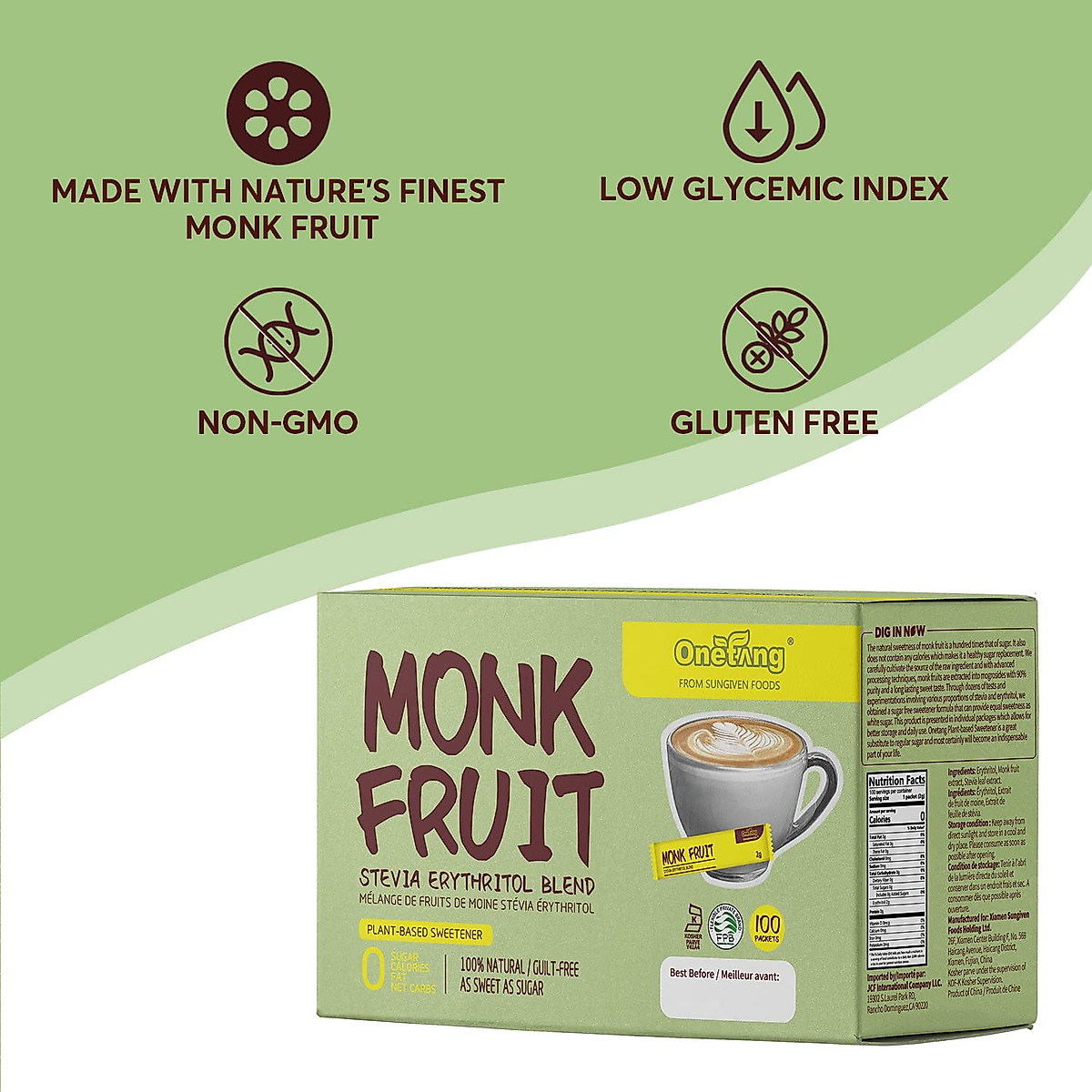 ONETANG Classic Monk Fruit Sweetener with Erythritol- White Sugar Substitute, Zero Calorie, Keto Diet Friendly, Zero Net Carbs, Zero Glycemic, Baking, Extract, Sugar Replacement 7.05 oz（100 count）