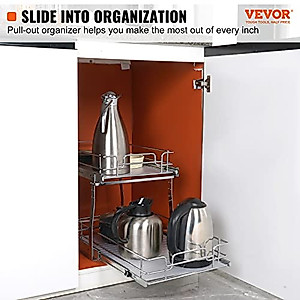 VEVOR 2 Tier 16"W x 21"D Pull Out Cabinet Organizer, Heavy Duty Slide Out Pantry Shelves, Chrome-Plated Steel Roll Out Drawers, Sliding Drawer Storage for Inside Kitchen Cabinet, Bathroom, Under Sink