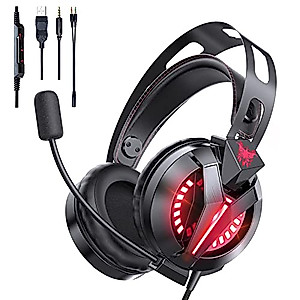 ONIGAL Gaming Headset with Microphone for PlayStation 5, Double Head Beam Suspended Soft Soft Memory Earmuffs, 7.1 Surround Sound Wired Headset LED Light for PS5, PC, PS4, iMac, Laptop