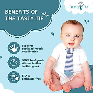 Tasty Tie Teething Tie, 3-in-1 Clip-on Baby Tie Crinkle Toy & Silicone Teether for 3-6-9-12-18 Month Babies | GOTS Certified Organic Cotton | Unique Baby Boy Gift or Stocking Stuffer, Seersucker Style