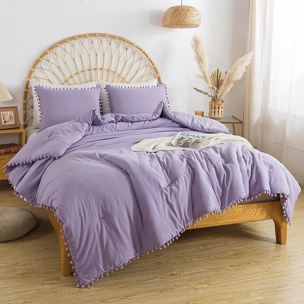 TanNicoor Pom Fringe Duvet Cover Set - 3 Piece Natural Ultra SOFE Color Washed Microfiber Bedding Set, Modern Style Down Comforter Quilt Cover with Zipper Closure(Queen, Lavender Purple)