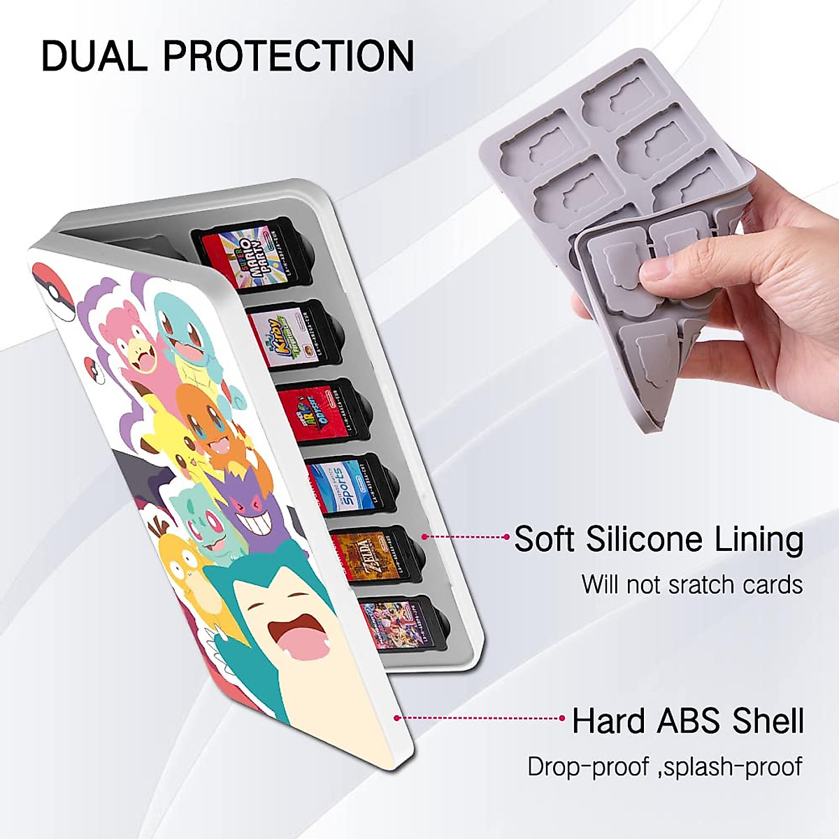 PERFECTSIGHT Cute Game Card Case for Nintendo Switch/Switch Lite/OLED, 24 Game Holder Cartridge Case for Game Cards and 24 SD Cards, Kawaii Portable Compact Storage Box (Poke)