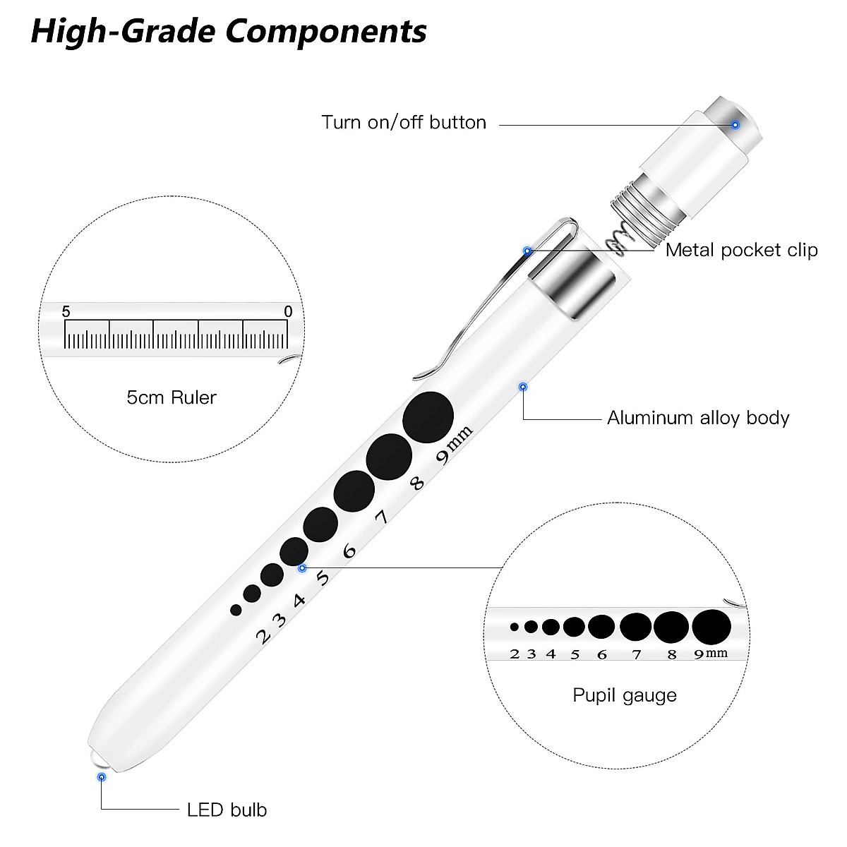 Opoway Nurse Pen Light with Pupil Gauge LED Medical Pen Lights for Nursing Students Doctors with Batteries 2pcs White