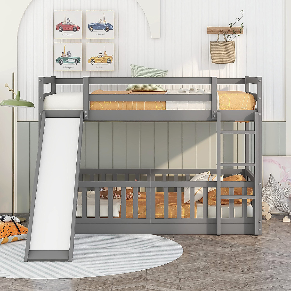 Harper & Bright Designs Twin Bunk Beds with Slide, Kids Wood Twin Over Twin Bunk Beds with Fence, Ladders, Safety Guard Rails for Kids, Toddlers, Teen, No Box Spring Needed (Grey)