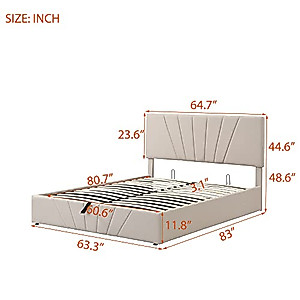 KELRIA Queen Size Upholstered Platform Bed with a Hydraulic Storage System, for Bedroom, Guest Room, Children Room, Wooden Construction, Easy to Assemble, Beige
