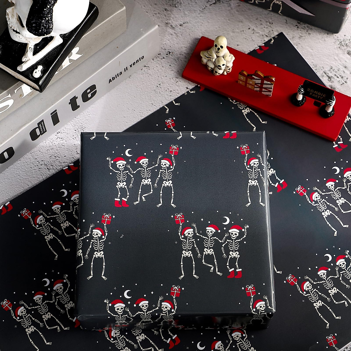 WRAPAHOLIC Funny Christmas Wrapping Paper Sheet - 6 Sheets Dancing Skeleton for Christmas, Party, Holiday - 19.7 Inch x 27.5 Inch Per Sheet