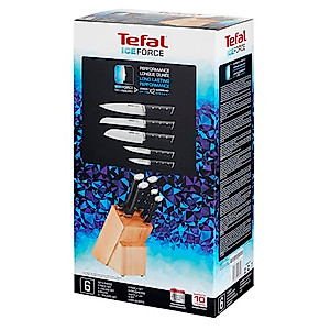 Tefal Ice Force K232S574 Wooden Block with 5 Slots and 5 Knives: Bread Knife 20 cm / Chef Knife 20 cm / Santoku Knife 18 cm / Paring Knife 11 cm / Carving Knife 9 cm