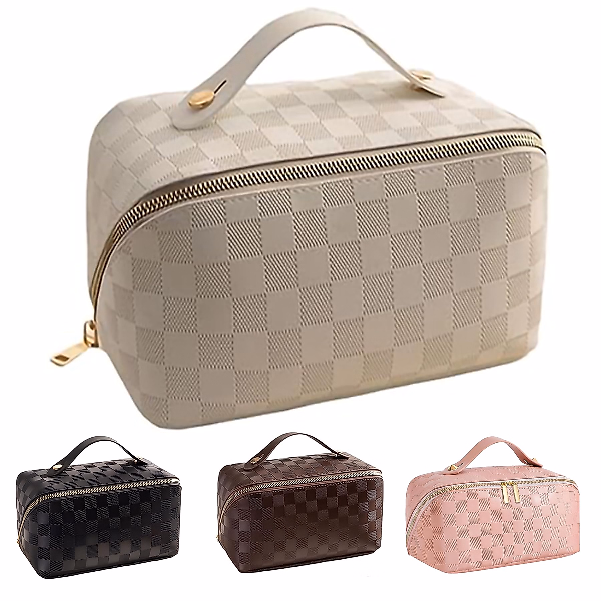 Checker Makeup Bag, Checkered Cosmetic Bag, Large Capacity Travel Cosmetic Bag, Everyday Makeup Bag, Emergency Bag for Teen Girls (WHITE)
