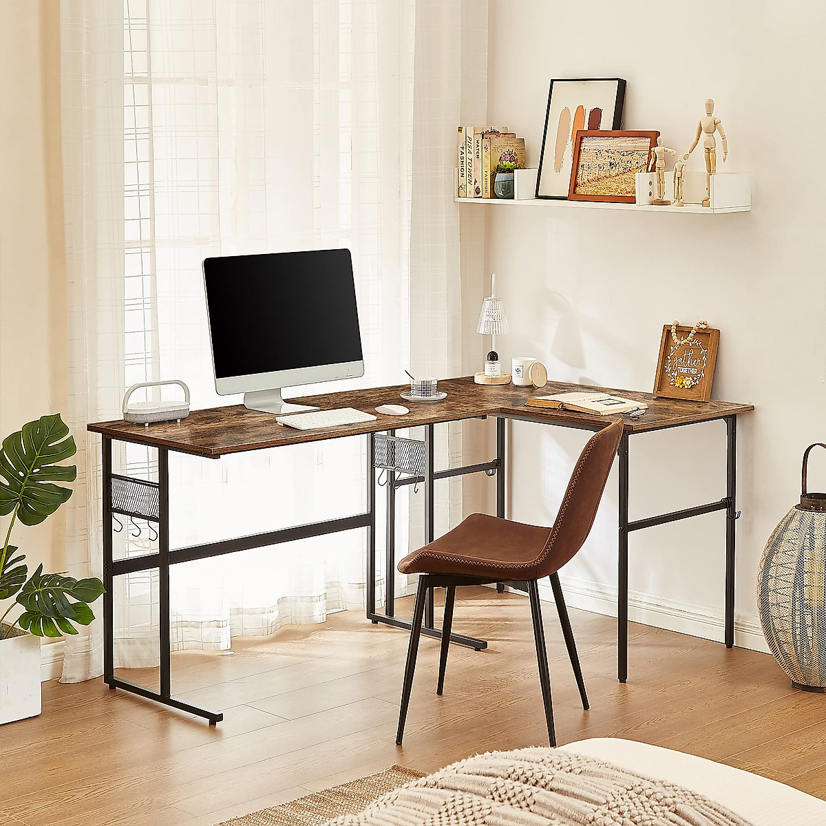 VECELO 32 Inch Small Computer Sturdy Laptop Industrial Desk Office Work, Modern Simple Study Table with Headphone Hook, Adjustable Feet and Water Proof Surface, 44", Brown