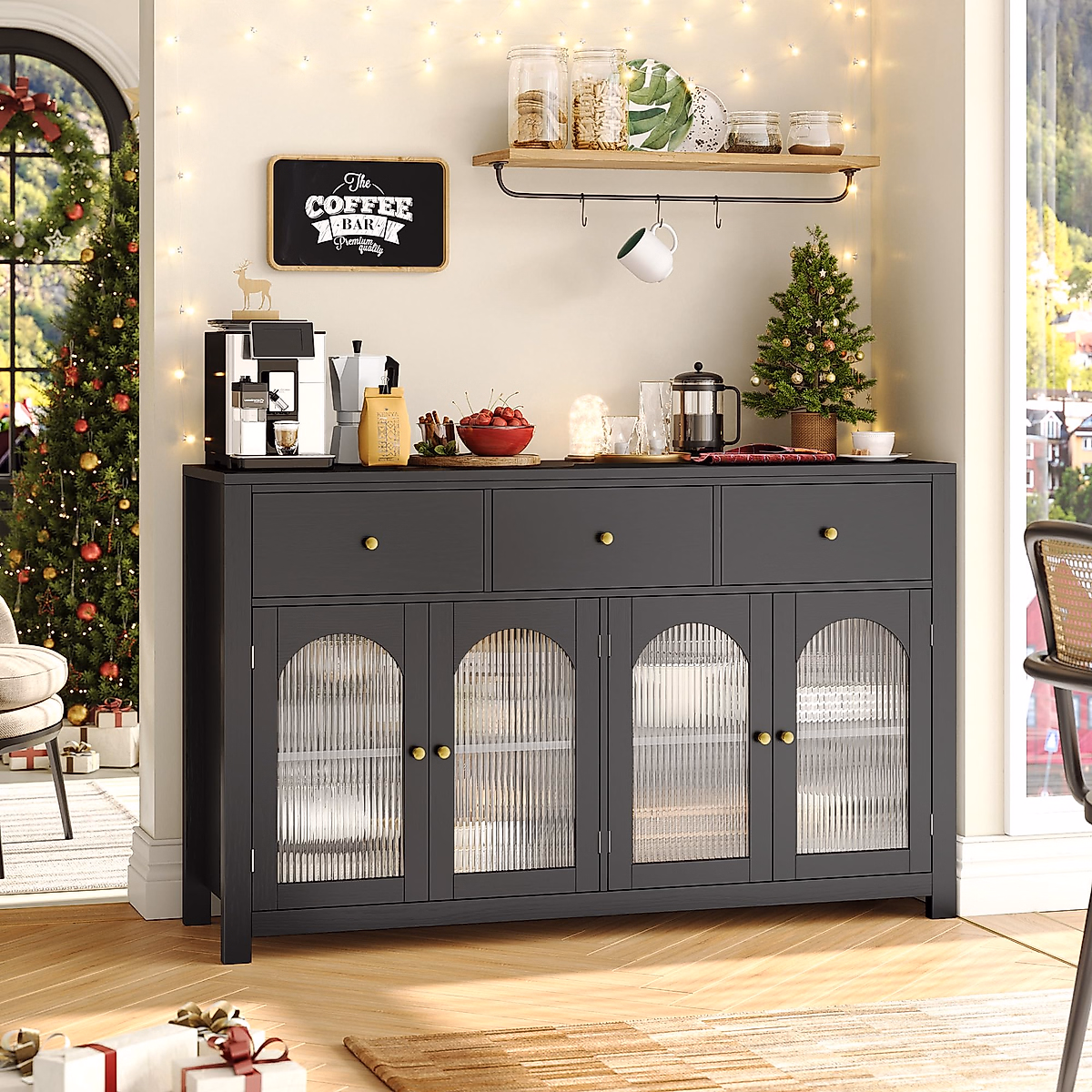 FINETONES Buffet Cabinet with Storage, 55.1" Large Sideboard Buffet Farmhouse Kitchen Cabinet with 3 Drawers and 4 Doors, Wood Coffee Bar for Kitchen, Black