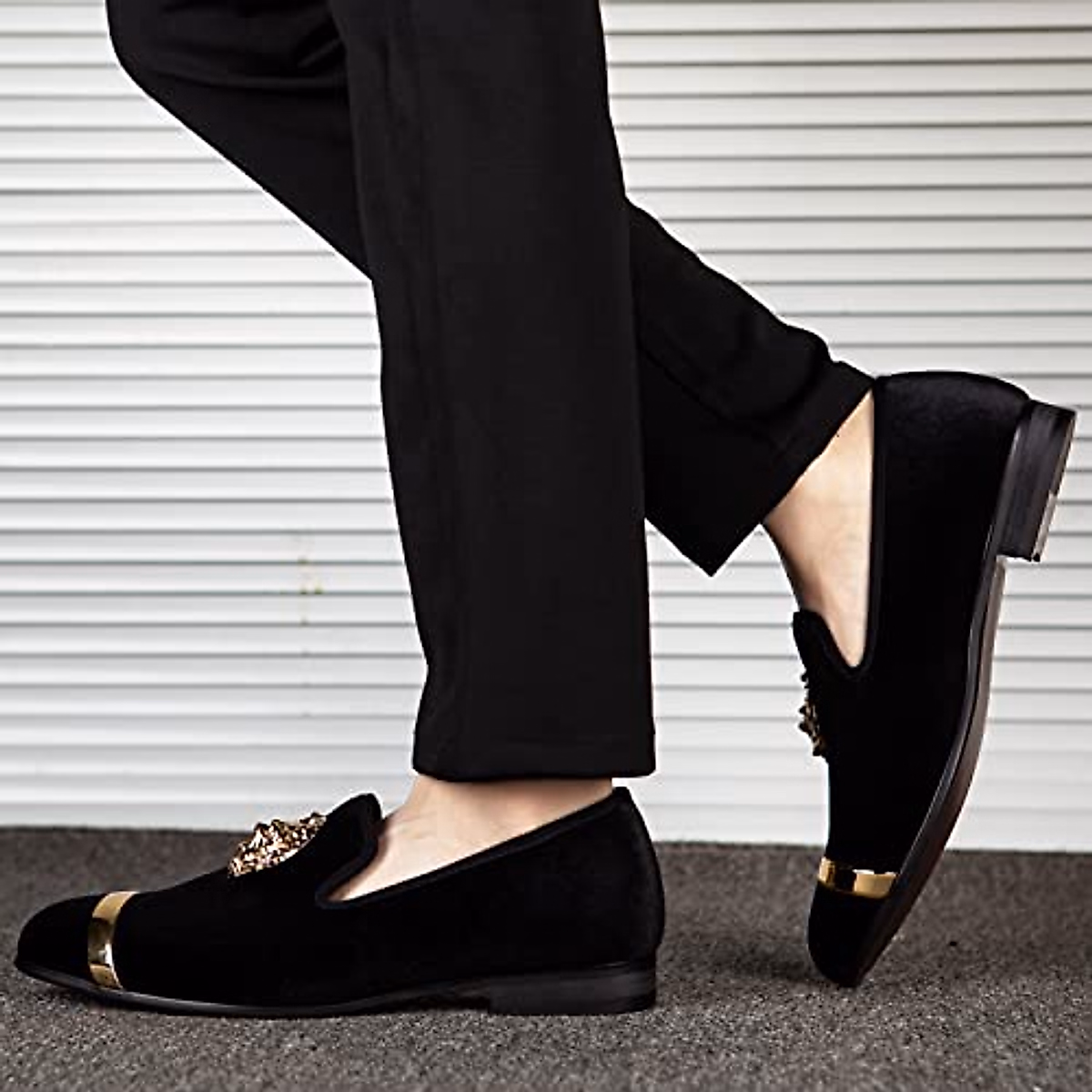 Meijiana Mens Black Loafers Velvet Dress Shoes with Gold Plate Smoking Slippers Slip on Penny Party Luxury Loafer Shoes for Men, Black-09, 9 US