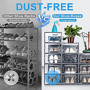 Kuject Grey Shoe Organizer Storage Boxes for Closet, 12 Packs Clear Plastic Stackable Shoe Storage Bins For Entryway, Closet, Drop Front