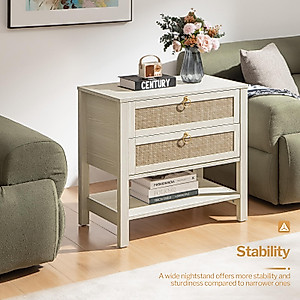 SICOTAS White Night Stand Set of 2, Large Nightstand with Drawers and Storage Shelf - Rattan Boho Bedside Table Narrow Side Table for Bedroom, Small Space