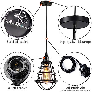 Industrial Pendant Light INNOCCY Edison Hanging Cage Pendant Lights E26 E27 Base Vintage Adjustable Pendant Lamp Fixture for Kitchen Home Lighting 2 Pack