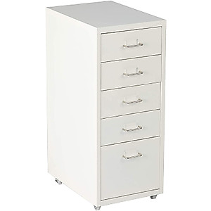 Vilobos 5 Drawer Chest, Vertical Storage File Cabinet on Wheels for Home Office Metal (Creamy-White)