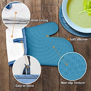 Extra Long Silicone Oven Mitts and Pot Holders Sets of 4, Novoconi Oven Mitts Heat Resistant 446F with Quilted Cotton Liner, Non-Slip & Waterproof Silicone Oven Mitts for Kitchen Cooking and Baking