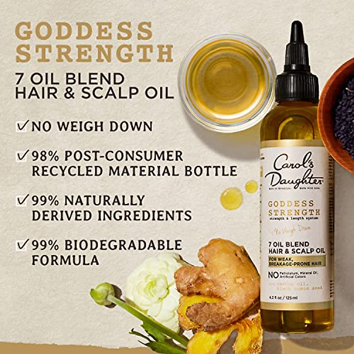 Carol’s Daughter Goddess Strength 7 Oil Blend Scalp & Hair Treatment Oil to Strengthen & Lengthen Curls – with Castor Oil, Olive Oil, Jojoba Oil - For Wavy, Curly, Coily, Natural Hair, 4.2 fl oz