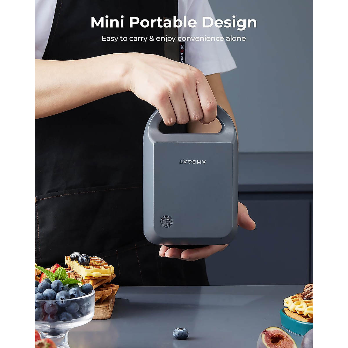 Mini Waffle Maker, Non-Stick Waffle Iron Small, Breakfast Machine for Kinds, Hash Browns, Keto, Snacks, Gray, Fast Heating, 600W, AMEGAT