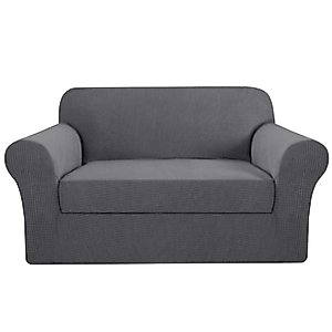H.VERSAILTEX High Stretch Rich Jacquard 2-Piece Loveseat Slipcover/Furniture Covers for Loveseat with Elastic Bottom, Suit for T Cushion/Box Cushion Spandex Jacquard Fabric, Charcoal Gray