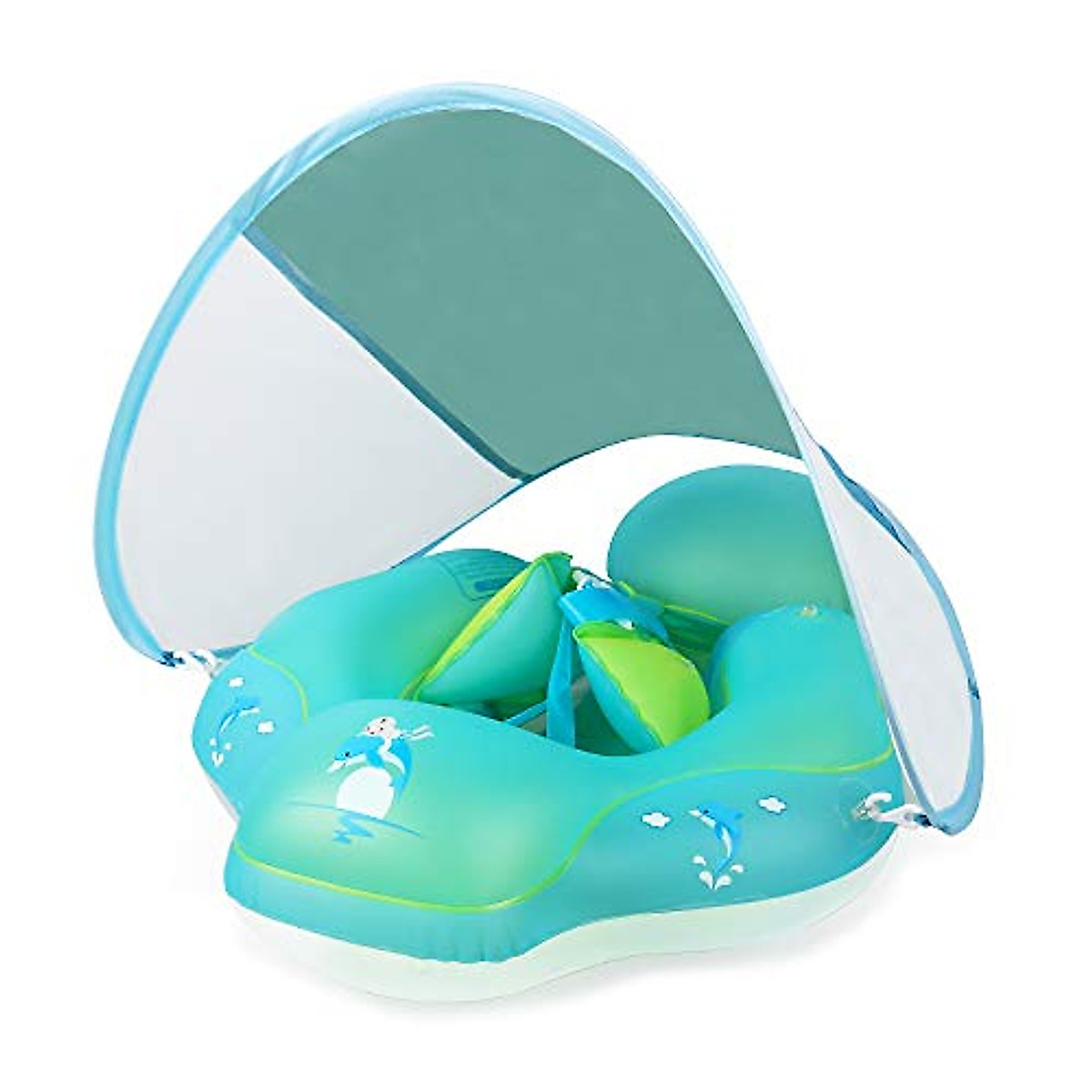 Relaxing Baby-Pool Float with Adjustable Seat Pocket with Canopy of UPF 50+UV Protection Anti-Slip Crotch, Add Tail Chamber Baby Floats for Pool Accessory Air Pump and 2 Pool Toys for Toddler 6M-3Yrs