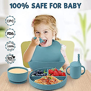 Silicone Baby Feeding Set, 2 adjustable bibs with food collectors, 1 suction cup divider, 1 suction cup, 1 sippy cup,1 stage 1 spoon and 1 fork, Baby Led Weaning Utensils,Toddler Self Feeding Set