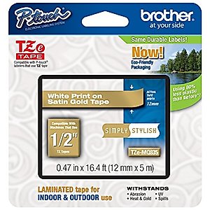 Genuine Brother 1/2" (12mm) White on Satin Gold TZe P-Touch Tape for Brother PT-1890, PT1890 Label Maker