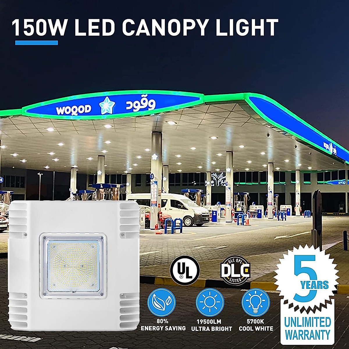 OSTEK 150W LED Canopy Light, 19,500LM, 5700K Daylight White, Surface Mount Gas Station & Carport Lighting, IP65 Waterproof, Outdoor Rated, AC100-277V, UL & DLC Listed