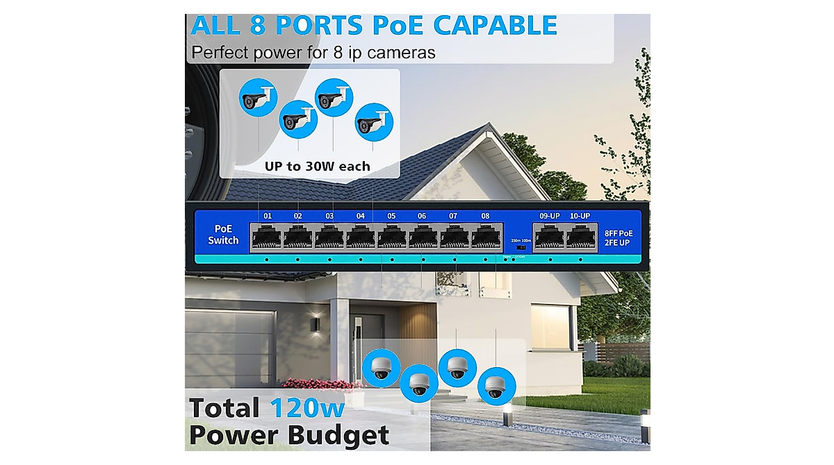 8 Port PoE Switch with 2 Uplink Ports, 120W Poe Switch, IEEE 802.3af/at ...