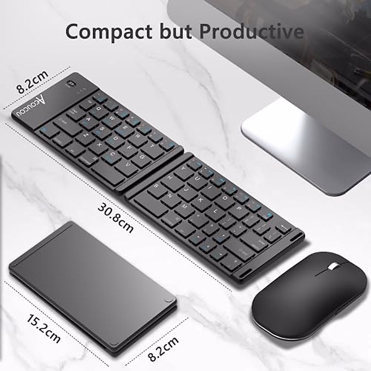 Acoucou Foldable Keyboard and Mouse Combo, Wireless Keyboard and Mouse Set, Portable Travel Keyboard for Tablet Smartphone Laptop, Compatible with Mac/iOS Windows Android System-3 Bluetooth Channels