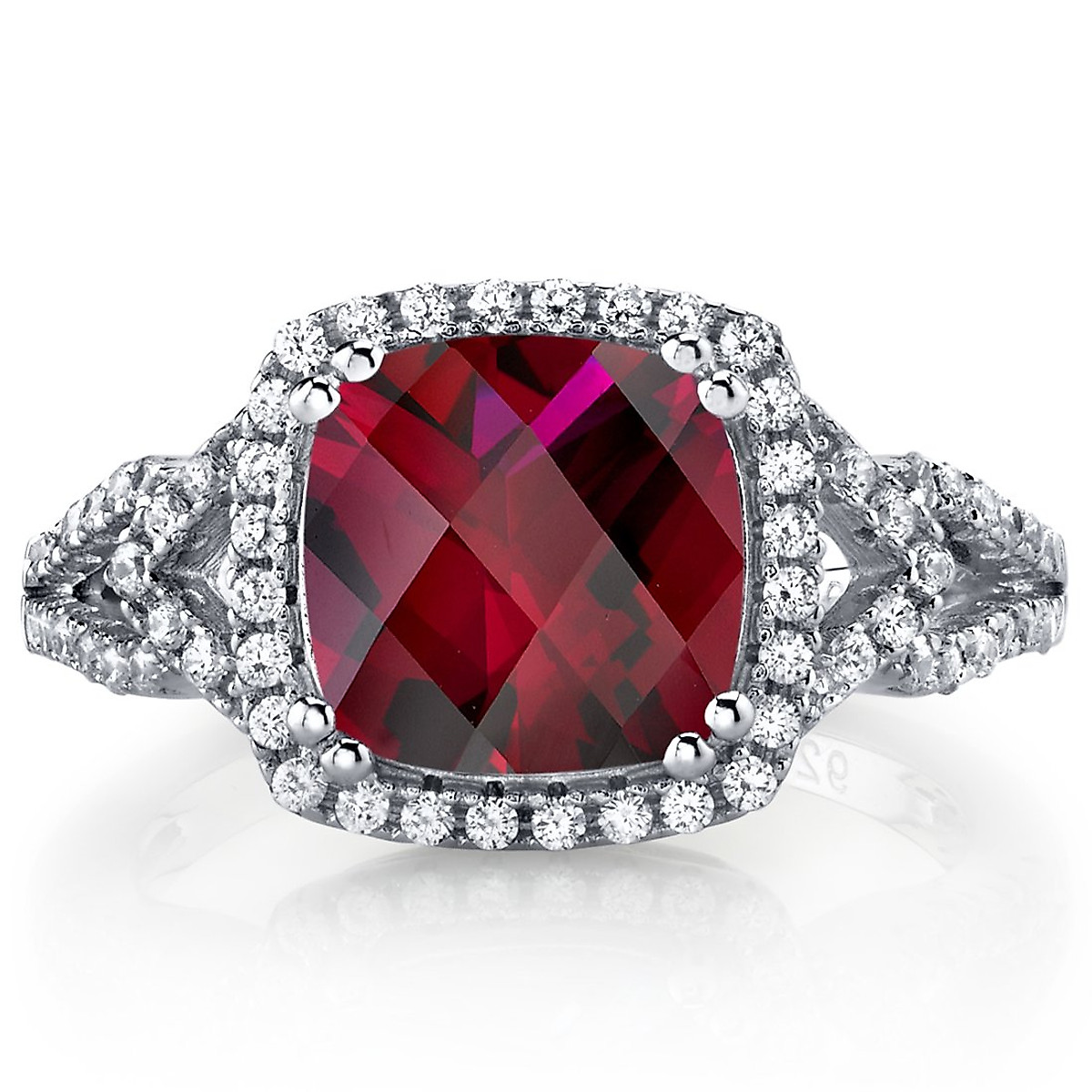 PEORA Created Ruby Enchanting Halo Solitaire Ring for Women 925 Sterling Silver, 3 Carats Cushion Cut 8mm, Size 8