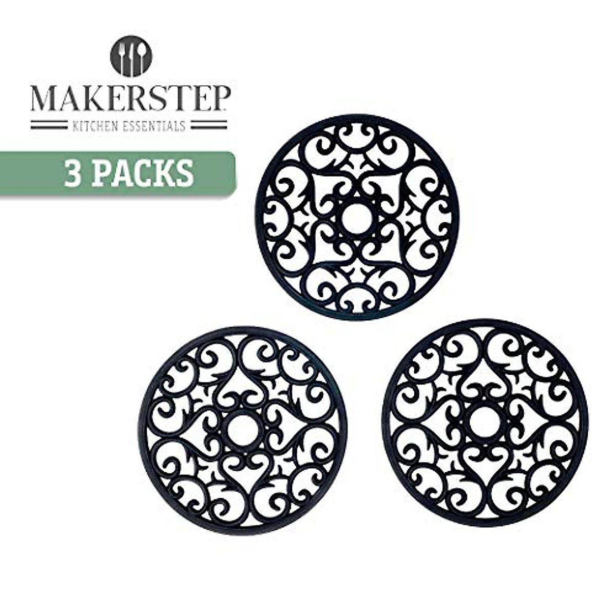 Makerstep Silicone Trivet Mat 3 Set in Heart Design Trivets. Hot Pan Holder Hot Pads for Countertop & Table. Non Slip, Serving Dishes Plates. Dishwasher Safe, Heat Resistant Kitchen Gadgets, Black