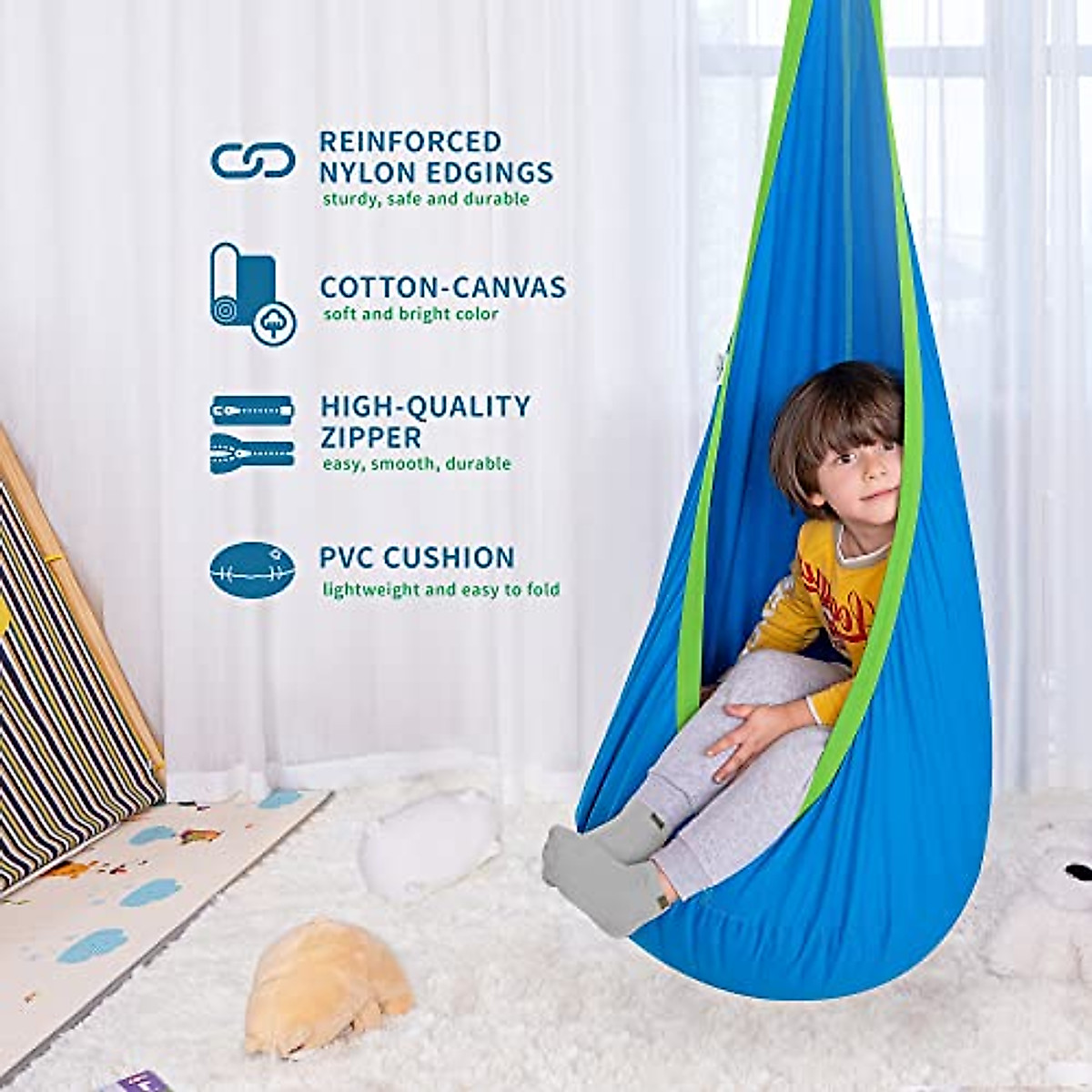 OUTREE Kids Pod Swing Seat Cotton Child Hammock Chair for Indoor and Outdoor use (Blue)