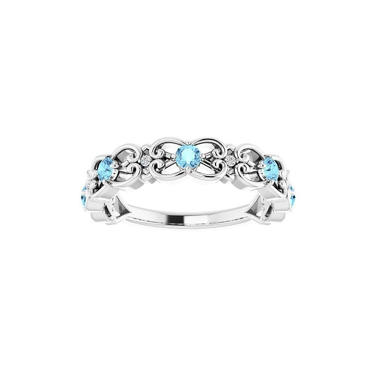 Solid 925 Sterling Silver Aquamarine and .02 Cttw Diamond Vintage-Inspired Scroll Ring Band (Width = 80mm) - Size 7.5