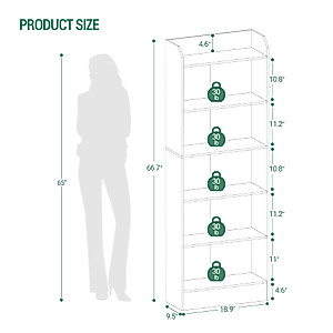 Hzuaneri 6-Tier Bookshelf, 66.7 Inches Floor Standing Bookcase, Display Storage Shelf, Corner Shelf, Home Decor Furniture for Home Office, Living Room, Bedroom, Black 02904XBC