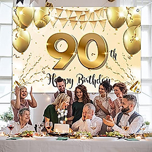 HAMIGAR 6x4ft Happy 90th Birthday Banner Backdrop - 90 Years Old Birthday Decorations Party Supplies for Women - White Gold