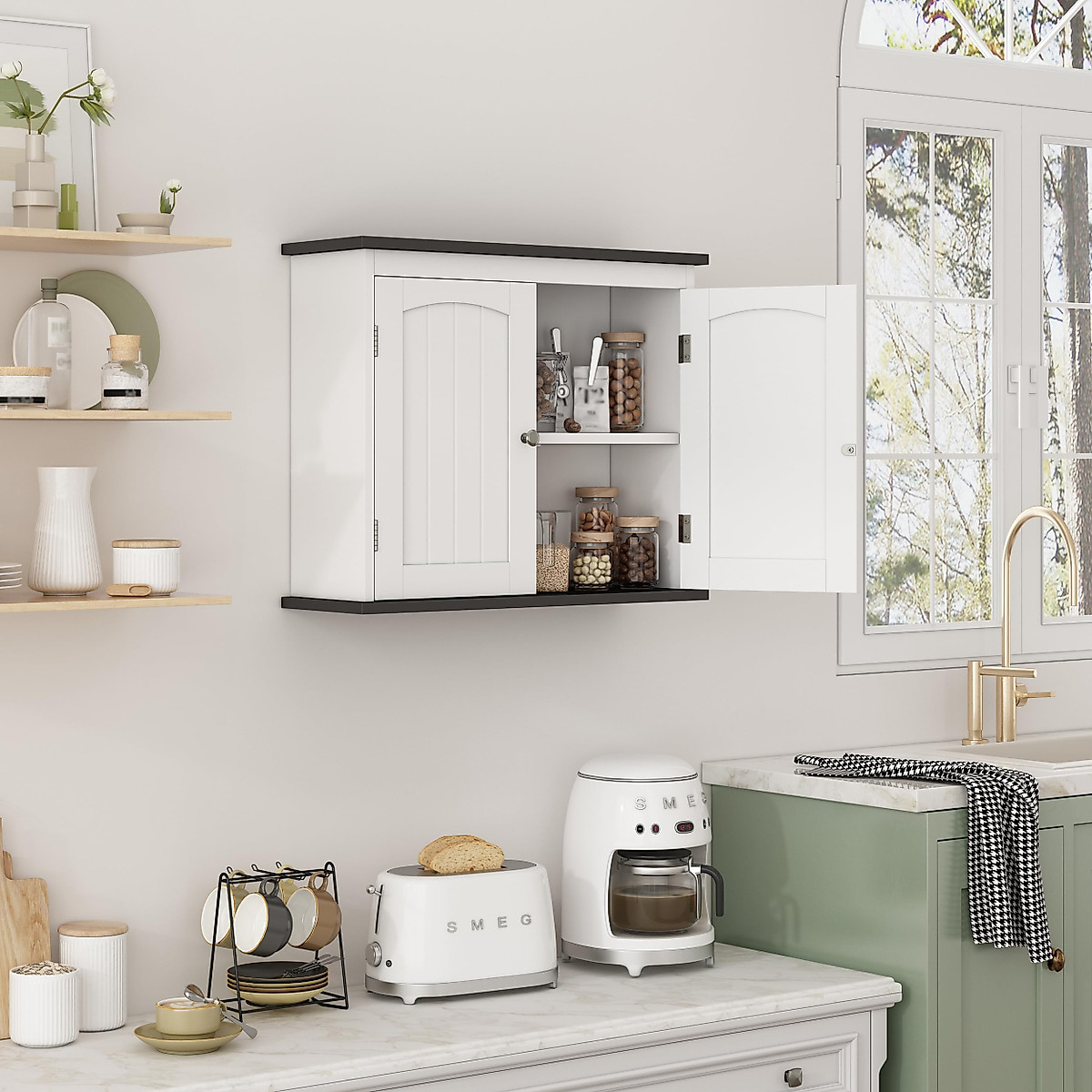 BOTLOG Bathroom Wall Cabinet, Medicine Cabinet with Door and Shelf, Wood Hanging Cabinet Over The Toilet Space Saver Storage Cabinet