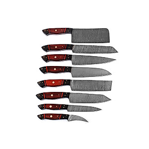 GladiatorsGuild G24RD- Professional Kitchen Knives Custom Made Damascus Steel 8 pcs of Professional Utility Chef Kitchen Knife Set with Chopper/Cleaver Pocket Case Chef Knife Roll Bag G24RD (Red)