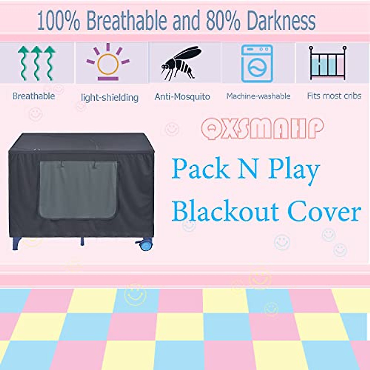 QXSMAHP Pack N Play Blackout Cover Crib Blackout Cover Stretchy Breathable Pack N Play Cover for Baby Provide More Cozy Dark Sleep Space (Black)