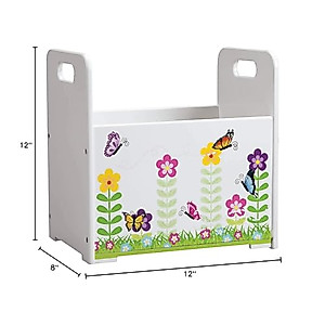 Fox Valley Traders Kids Wooden Book Caddy, Children’s Book Storage Bin, Flowers and Butterflies Design
