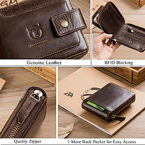 BULLCAPTAIN Genuine Leather Wallet for Men Large Capacity ID Window Card Case with Zip Coin Pocket QB-231 (Coffee)