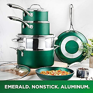Granitestone Diamond Granite Stone Classic Emerald Pots and Pans Set with Ultra Nonstick Durable Mineral & Diamond Tripple Coated Surface, Stainless Steel Stay Cool Handles, 10 Piece Cookware, Green…