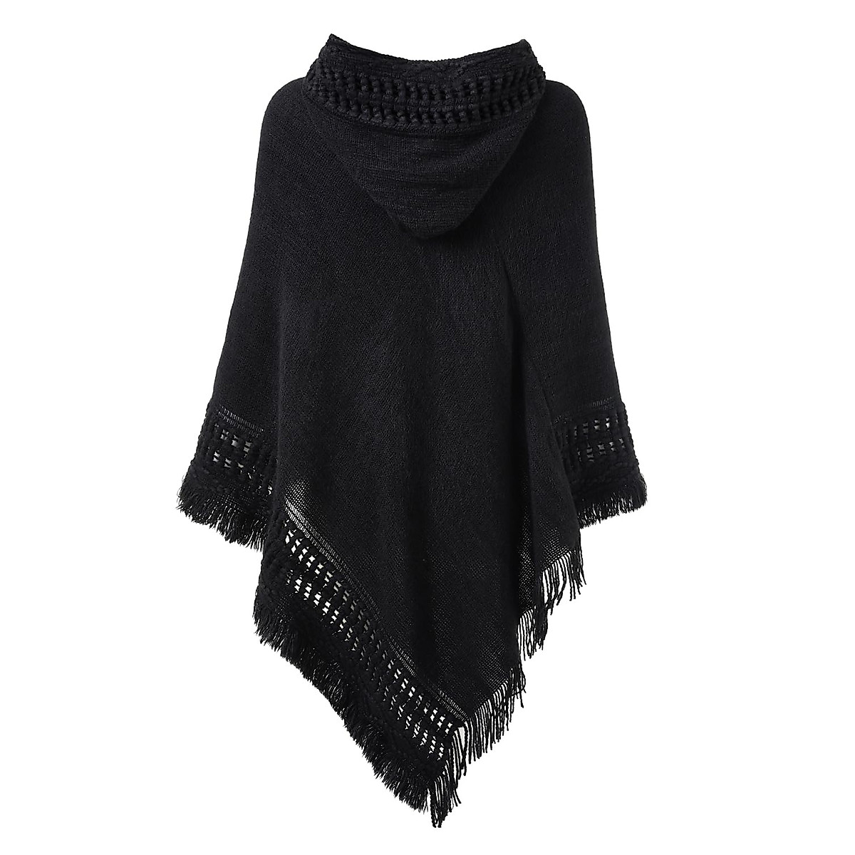 Ferand Ladies' Hooded Cape with Fringed Hem, Crochet Poncho Knitting Patterns for Women, Black