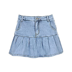 Dqbeng Womens Jean Skirt Y2K High Waist A-Line Ruffle Pleated Denim Mini Skirt (LightBlue-S)