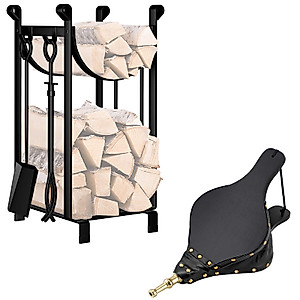 Amagabeli 30.7in Tall Fireplace Log Rack with 4 Tools Bundle Fireplace Bellows Large 15.5"x 7"