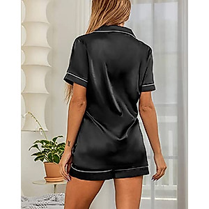 YIMANIE Womens Silk Satin Pajama Sets Two-piece Short Sleeve Shirt and Shorts Button Down Pj Set Loungewear Black