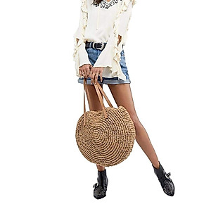 Women's Straw Handbags Large Summer Beach Tote Woven Round Pompom Handle Shoulder Bag(Khaki)
