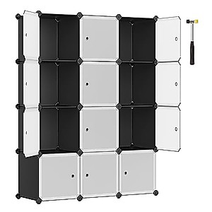 SONGMICS Cube Storage with Door, Set of 12 Plastic Cubes, Closet Storage Shelves, DIY Plastic Closet Cabinet, Modular Bookcase, Shelving with Doors for Bedroom, Living Room, Black and White ULPC34HV1