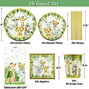 121Pc Jungle Safari Theme Baby Shower Decorations, Birthday Party Supplies For Boy & Girl -Tablecloth, Paper Plates Napkins Straws & Cups of Wild Animal Elephant Lion Giraffe Tableware Set Serves 24