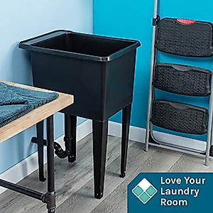 Black Space Saver Utility Sink by JS Jackson Supplies, Freestanding Tehila Space Saving Laundry Tub, Black Metal Legs with P-Trap Kit